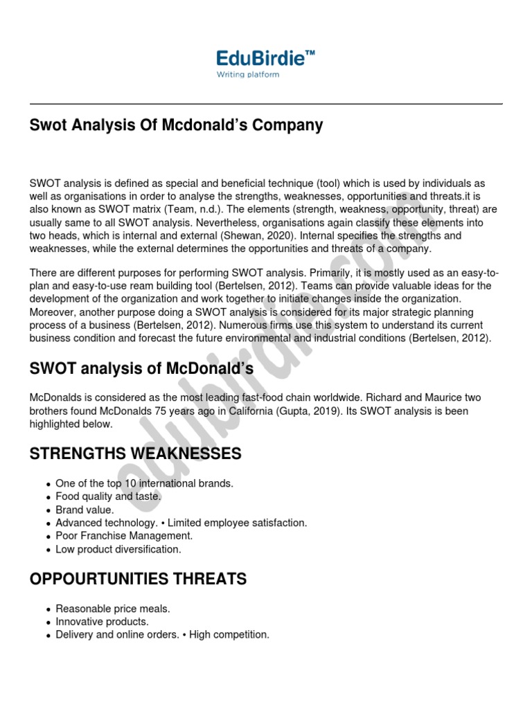 Swot Analysis of Mcdonald's Company | PDF | Mc Donald's | Swot Analysis
