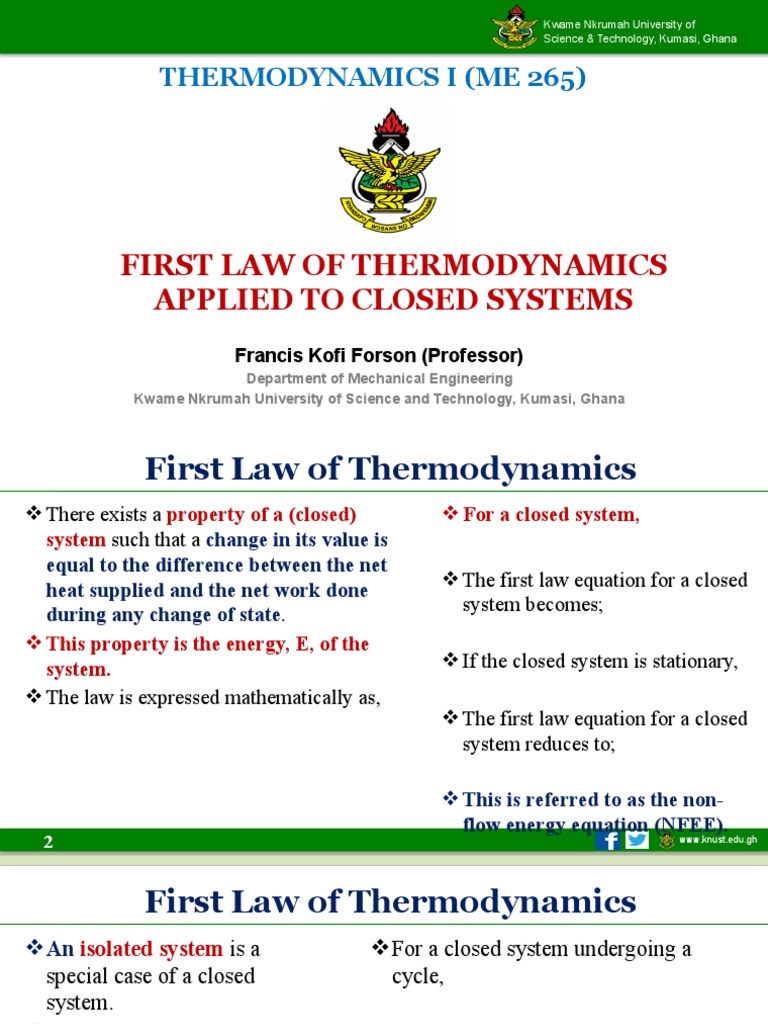 ME 265 Lecture Slides 2 (First Law of Thermodynamics-Closed System) | PDF | Enthalpy | Heat
