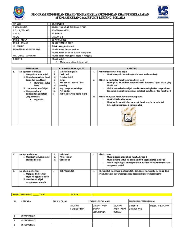 Rancangan Pengajaran Individu (RPI) ADAM ISKANDAR SESI 2022 | PDF