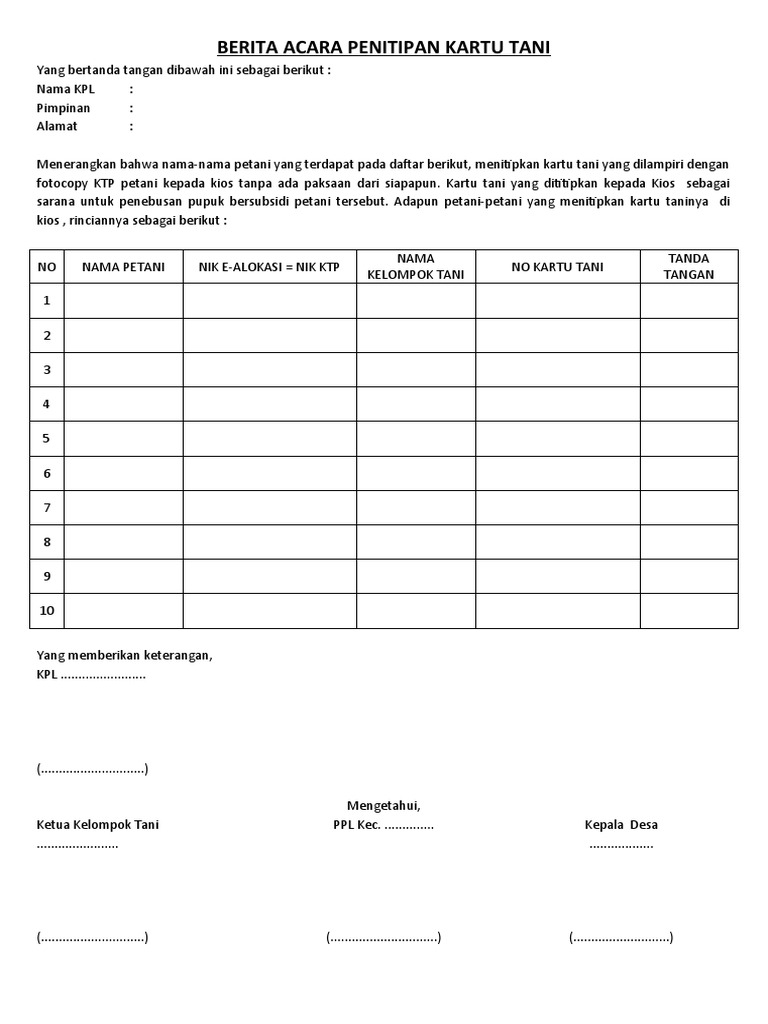 Berita Acara Penitipan Kartu Tani | PDF