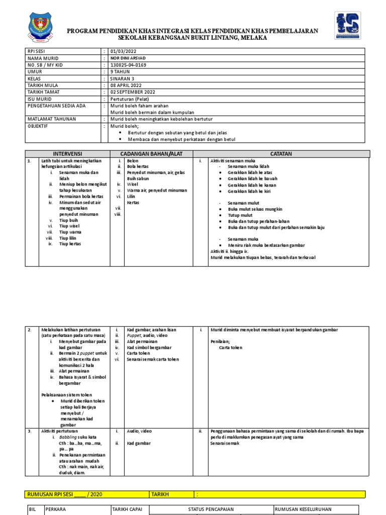 Rancangan Pengajaran Individu (RPI) NOR DINI ARSYAD SESI 2022 | PDF
