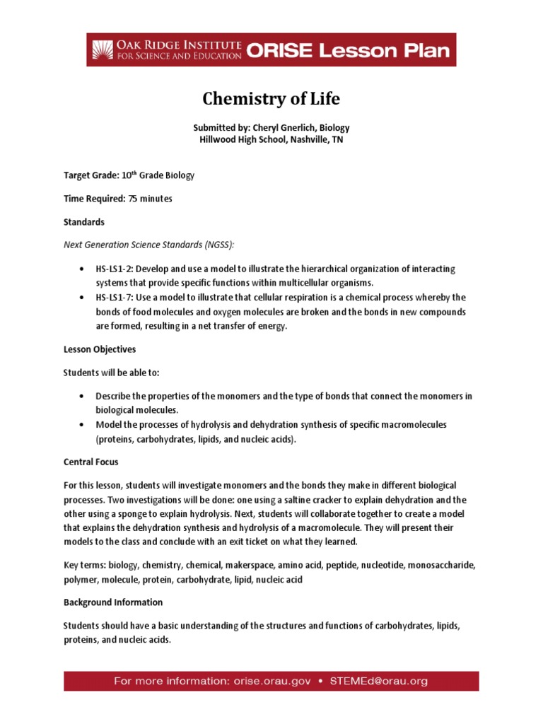 Chemistry of Life Full Lesson Plan PDF | PDF | Macromolecules ...