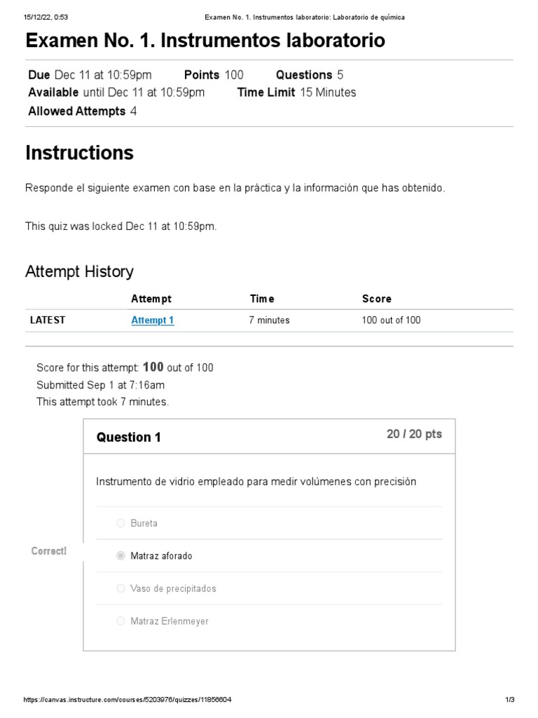 Examen No. 1. Instrumentos Laboratorio - Laboratorio de Química | PDF ...