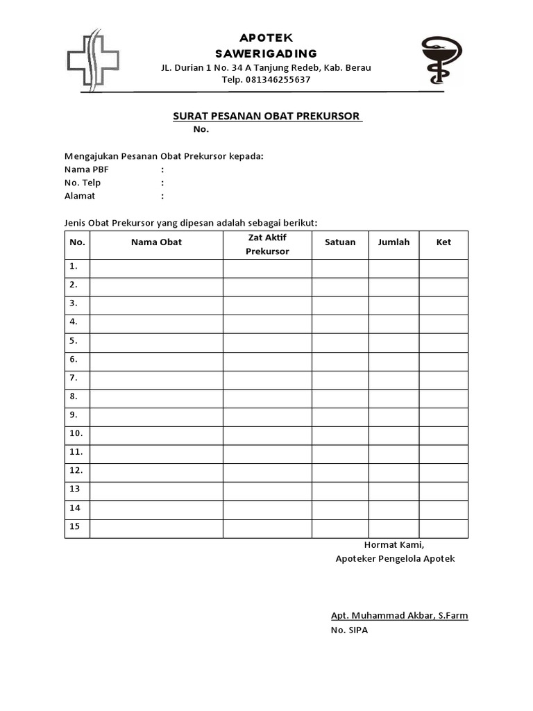 Surat Pesanan Obat Reguler Dan Prekursor 1 | PDF