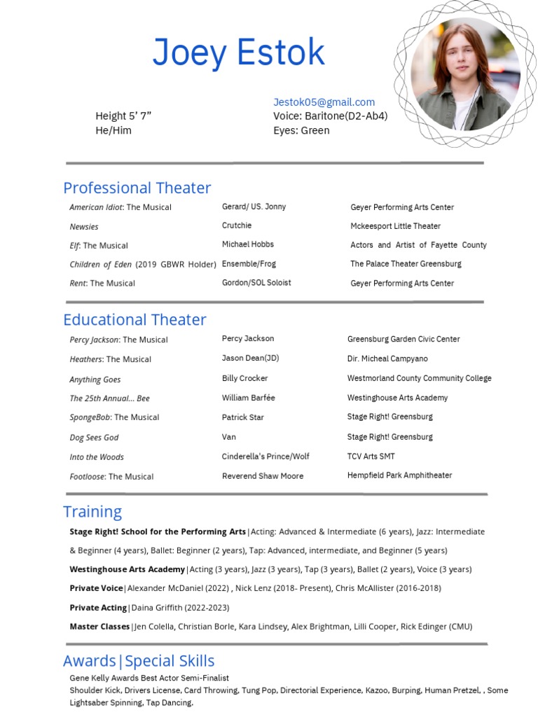Joey Estok: Actor & Vocalist Resume | PDF