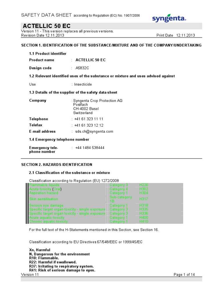 Actellic 50EC UK MSDS1 PDF | Download Free PDF | Personal Protective ...