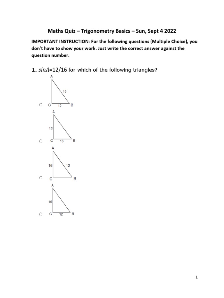 Maths Quiz - Trigonometry Basics - Sun Sept 4 2022 | PDF