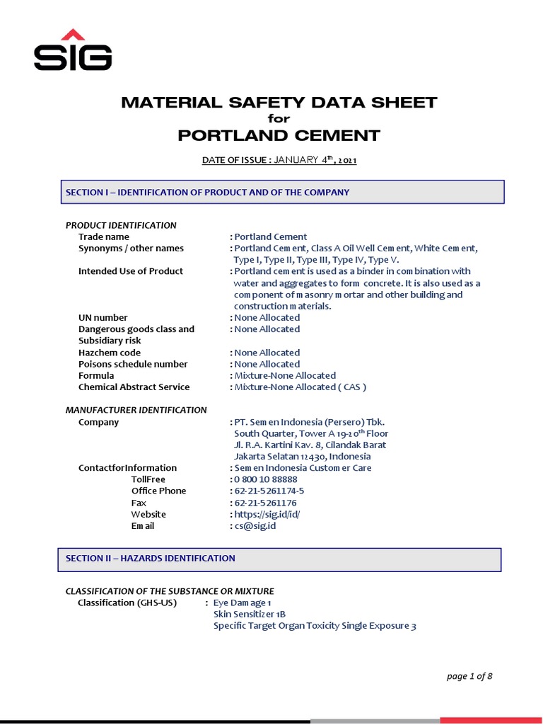 MSDS SIG Portland Cement PDF | PDF | Cement | Chemistry