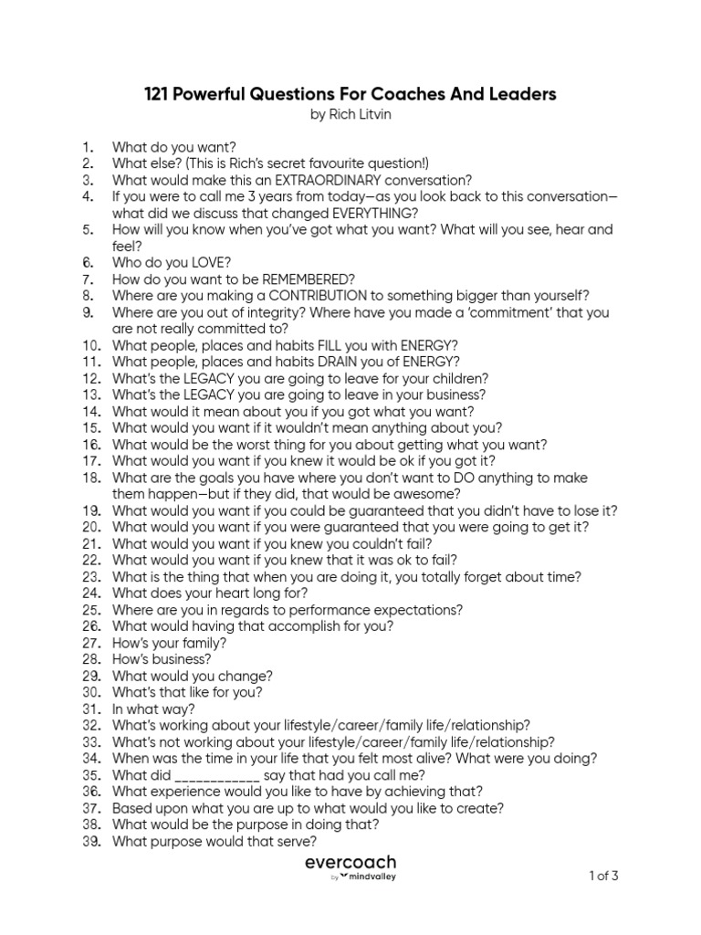 121 Questions for Coaches and Leaders | PDF | Self-Improvement