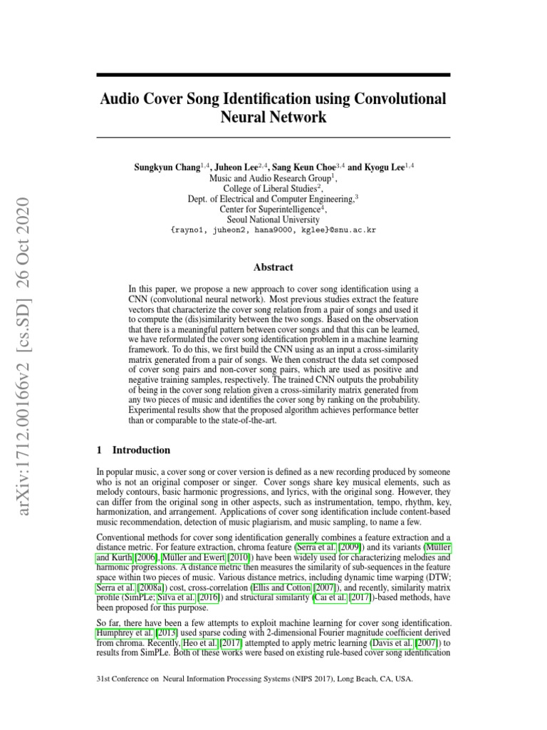 Audio Cover Song Identification Using Convolutional Neural Network | PDF | Computational ...