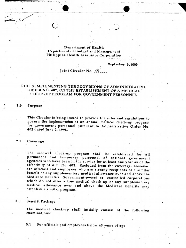 DBM DOH PHIC JC 01 S 1998 IRR of AO 402 S 1998 | PDF | Physical Examination | Medicare (United ...