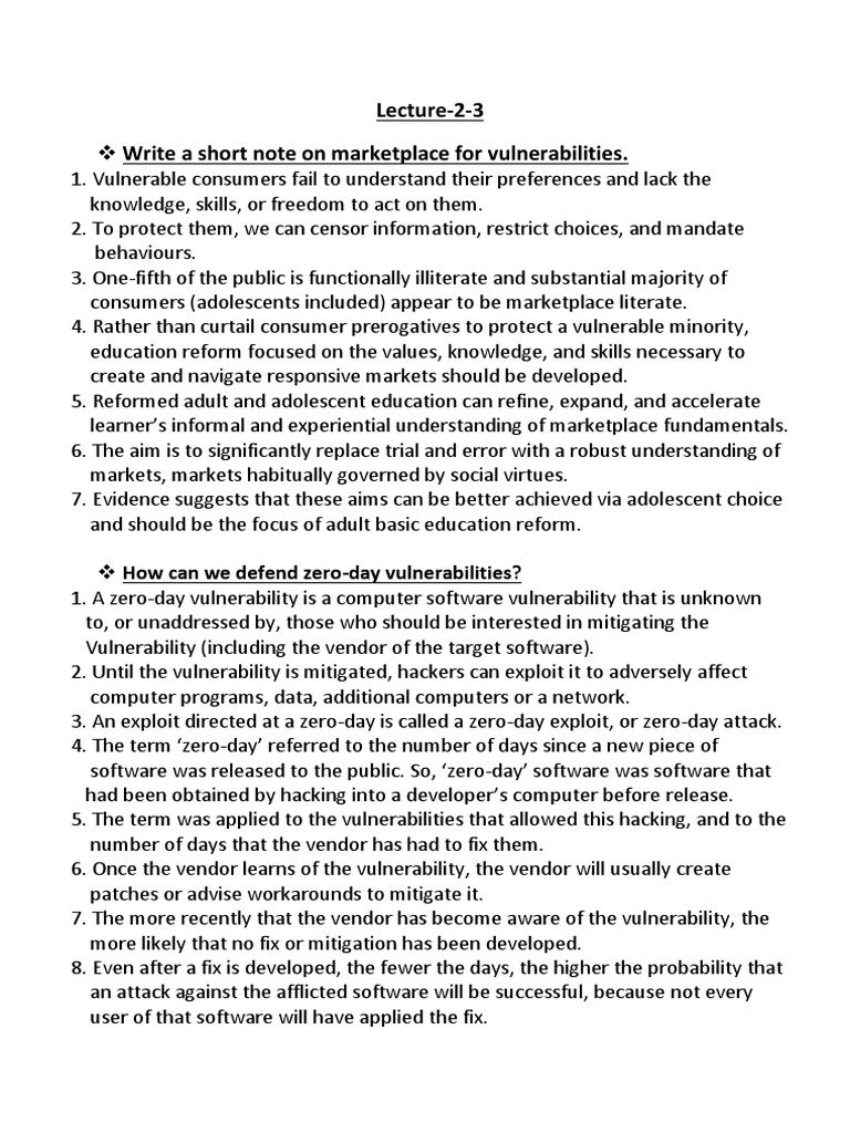 Write A Short Note On Marketplace For Vulnerabilities.: Lecture-2-3 | PDF | Security | Computer ...