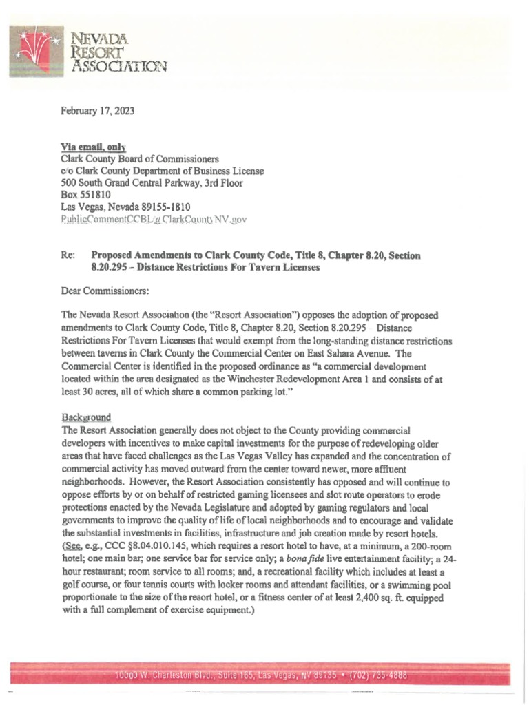 Nevada Resort Association Letter | PDF