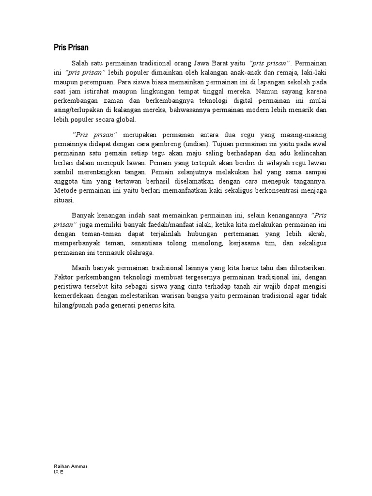 Permainan Tradisional Pris Prisan | PDF