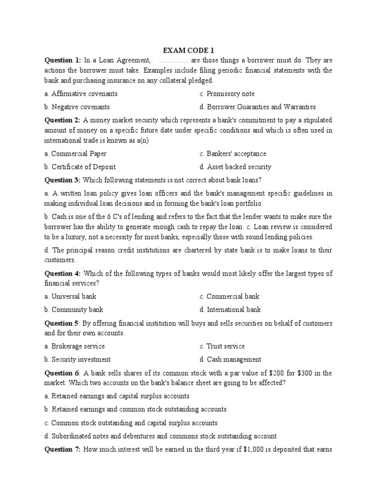 Exam Code 1 Ob | PDF | Loans | Banks