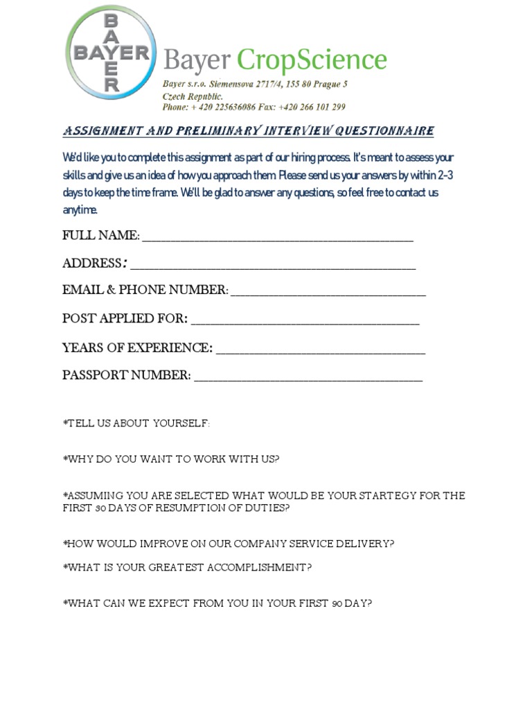 Czech Republic Bayer Crop Science Preliminary Interview Questions Form ...