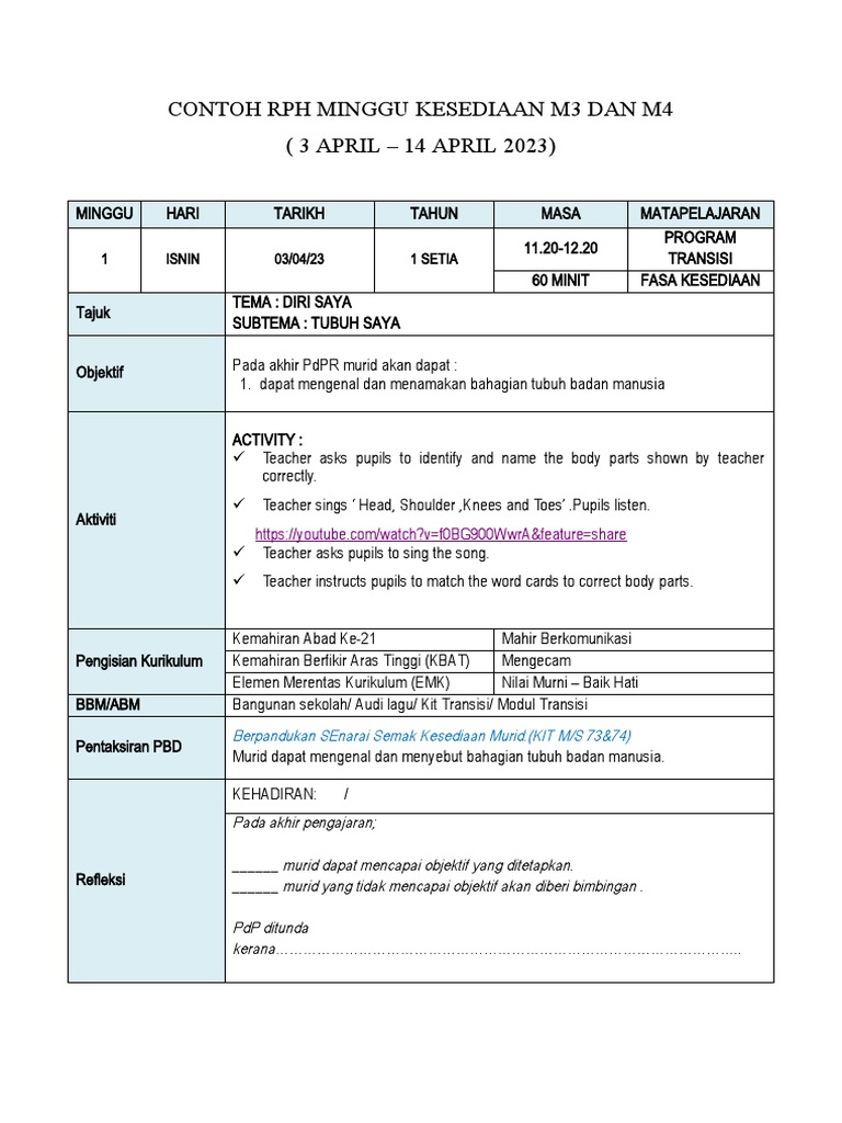 Contoh RPH Minggu Kesediaan M3 Dan M4 | PDF