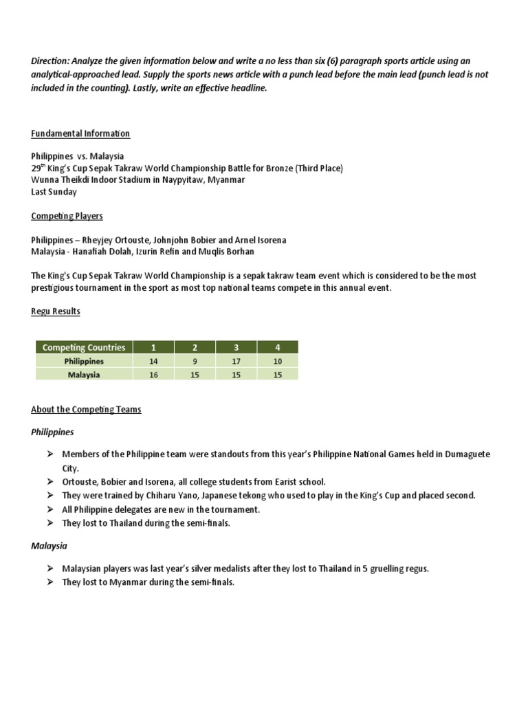 Philippines vs. Malaysia: King's Cup Bronze Match Analysis | PDF ...