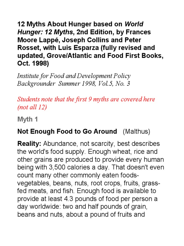 12 MYTHS OF WORLD HUNGER LECTURE | PDF | Hunger | Economic Growth