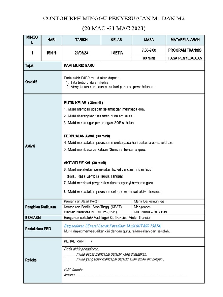RPH Program Transisi Murid Baru | PDF
