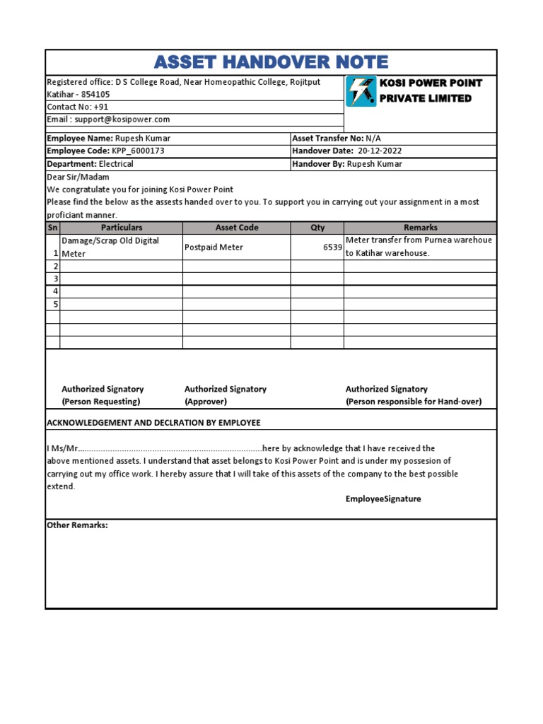 Meter Handover-Katihar Kosi - Power PDF | PDF | Business