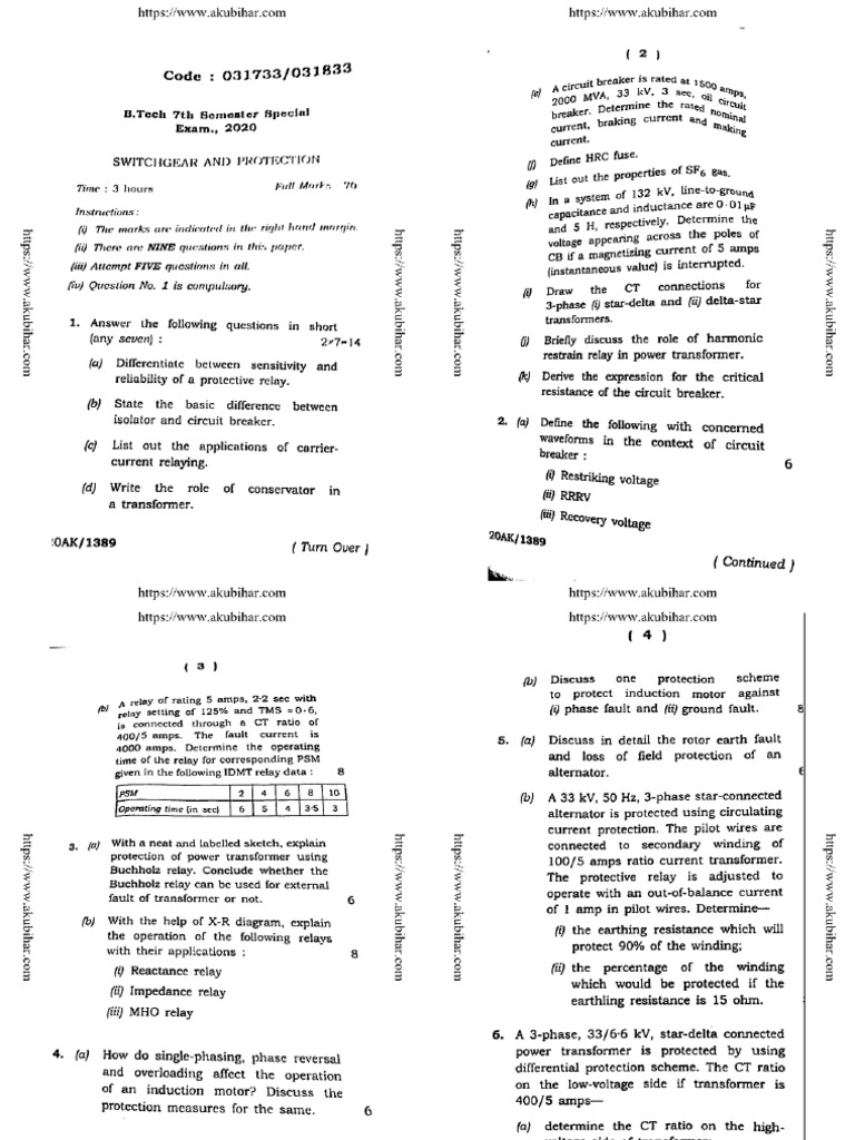 Btech Ee 7 Sem Switchgear and Protection 031733 2020 PDF | PDF Btech Ee 7 Sem Switchgear and Protection 031733 2020 PDF | PDF