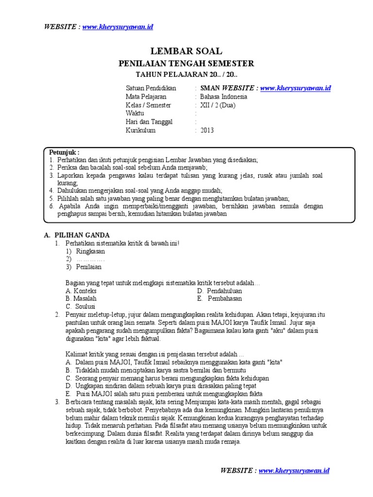 Soal PTS B.indonesia Kelas Xii | PDF | Seni & Disiplin Bahasa | Kajian Bahasa Asing