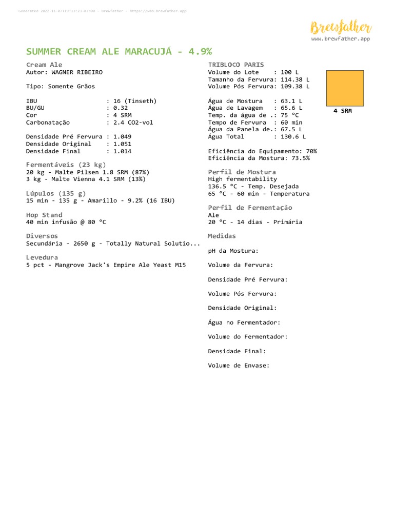 Brewfather SUMMERCREAMALEMARACUJ 20221107 PDF | PDF | Ale (cerveja ...