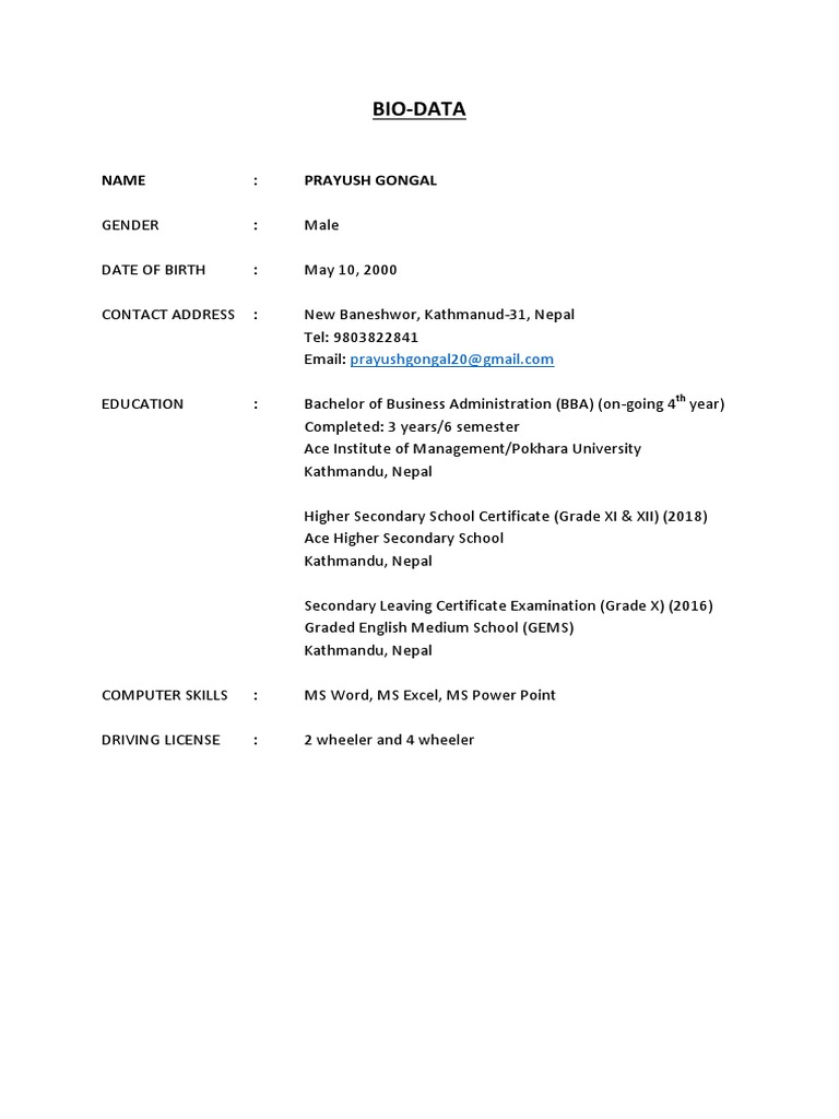 6 - Prayush Gongal - Bio-Data PDF | PDF