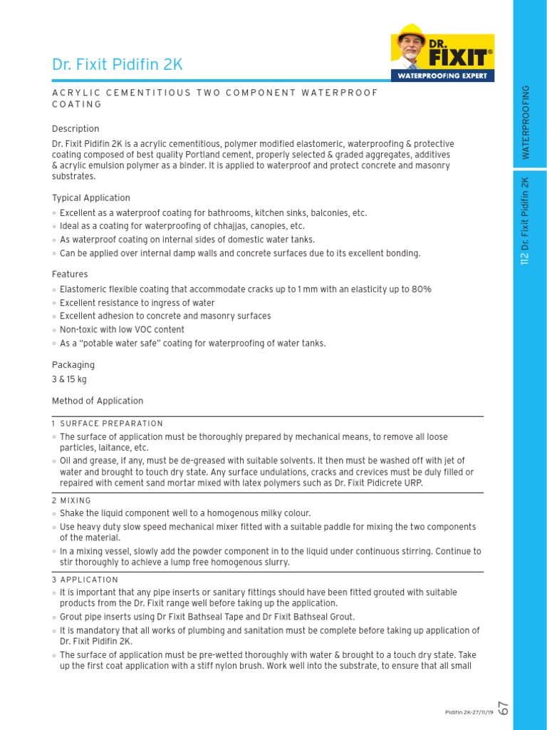 Dr Fixit Pidifin 2k Dec 19 Pdf Concrete Coating