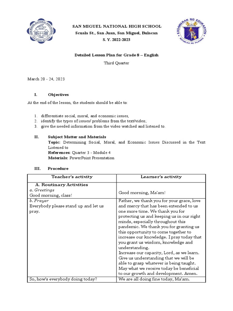 Detailed Lesson Plan Social, Moral, Economic Issue | PDF | Thought | Gender