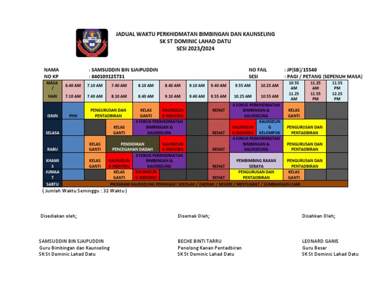 Jadual Waktu Perkhidmatan Bimbingan Dan Kaunseling | PDF