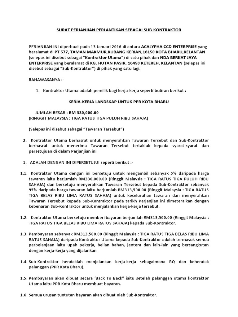 SURAT PERJANJIAN PERLANTIKAN SEBAGAI SUB | PDF