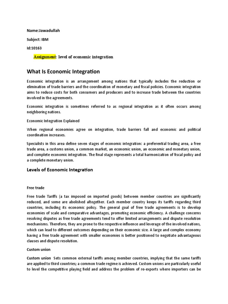 Levels of Economic Integration Explained | PDF | Economic Integration ...