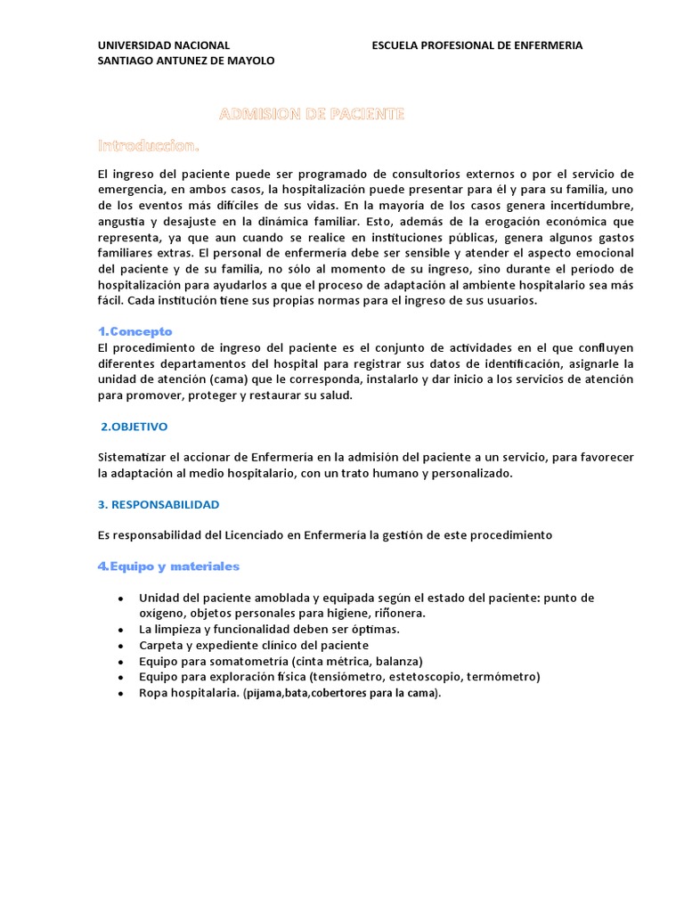 Admision Alta y Transferencia de Paciente | PDF | Hospital | Enfermería