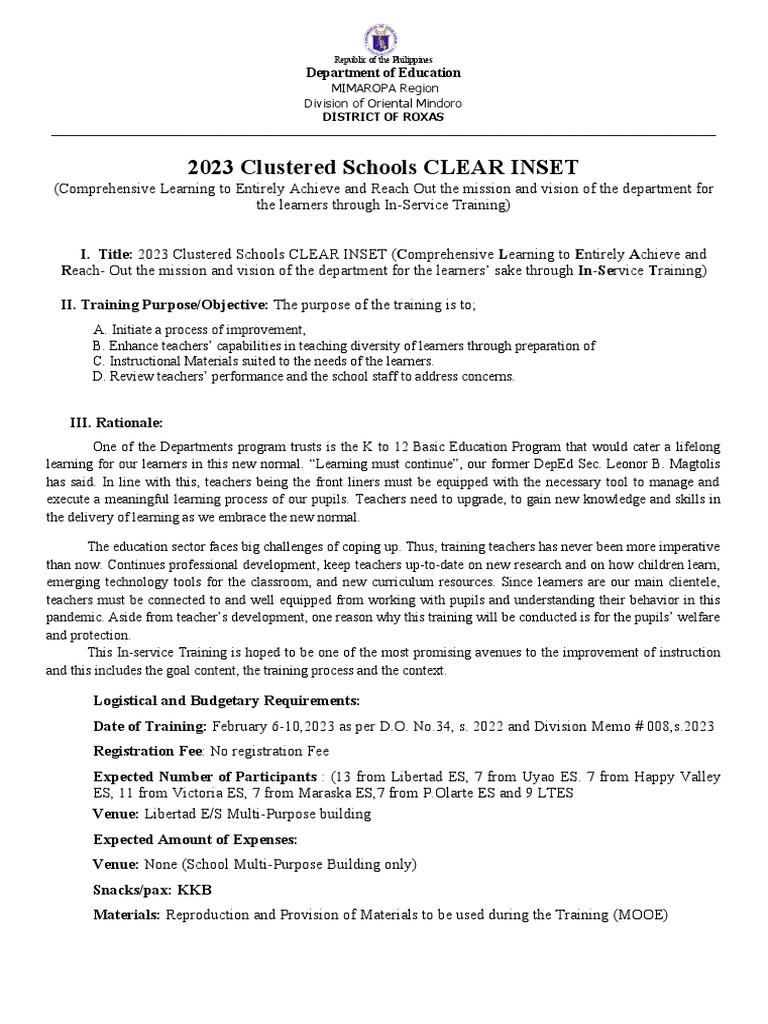 2023 Clustered Schools INSET Program | PDF | Teachers | Learning