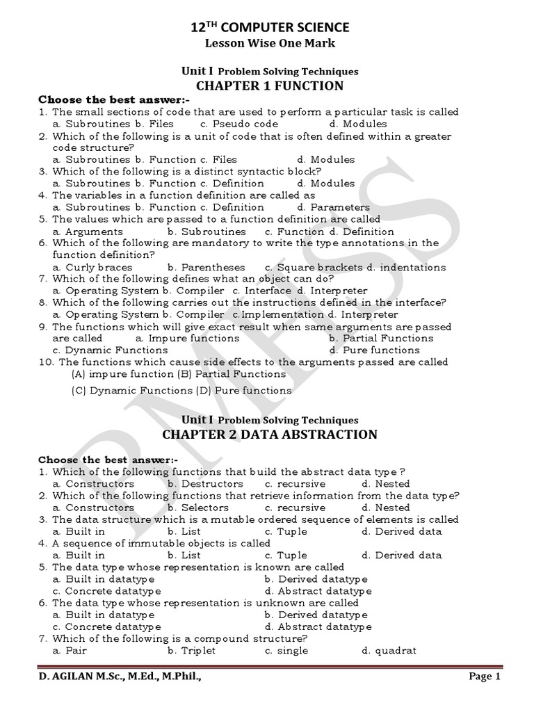 12 TH Computer Science - Lesson Wise 1235 Marks | PDF | Relational Database | Parameter ...