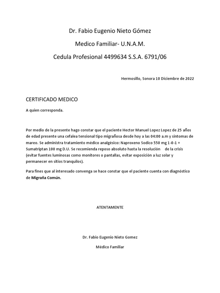 Certificado médico que detalla el diagnóstico y tratamiento de un ...