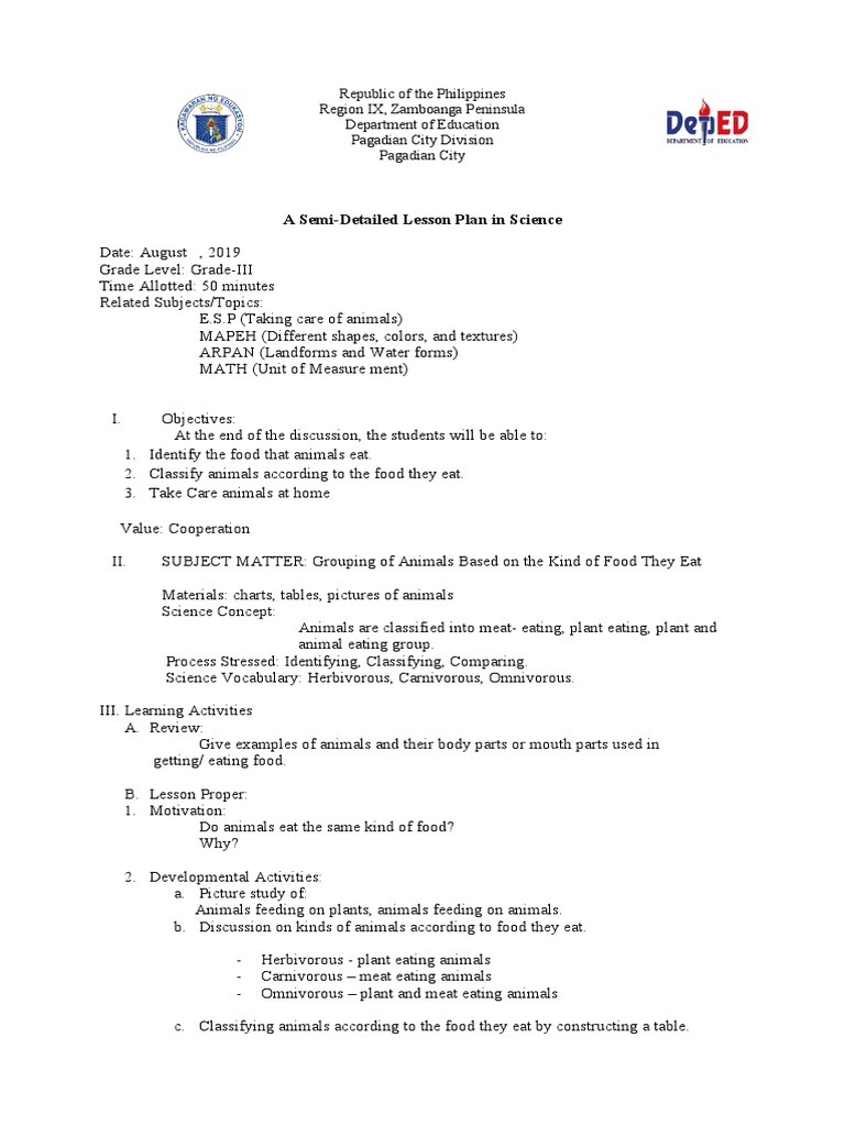 Lesson Plan in Science - ANIMALS | PDF | Lesson Plan | Herbivore