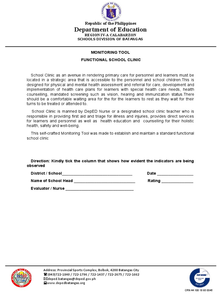 Monitoring Tool For Functional School Clinic | PDF | Clinic | Health Care