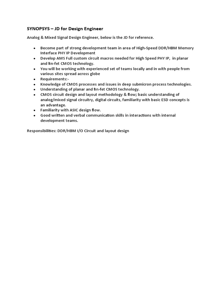 SYNOPSYS - JD - Design Engineer | PDF