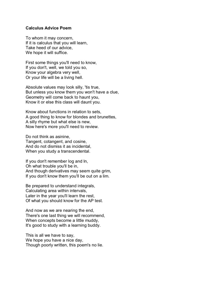 Calculus Advice Poem | PDF | Self-Improvement | Poetry