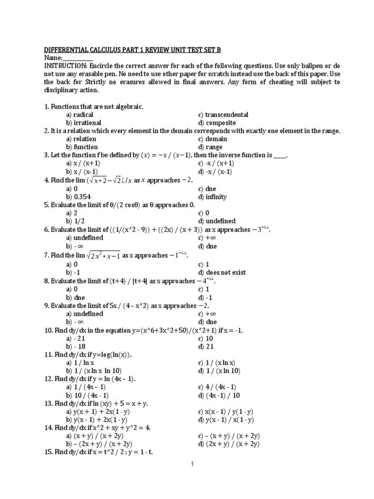 Unit Test - Differential Calculus Part 1 Review SET B SEP 3B | PDF ...