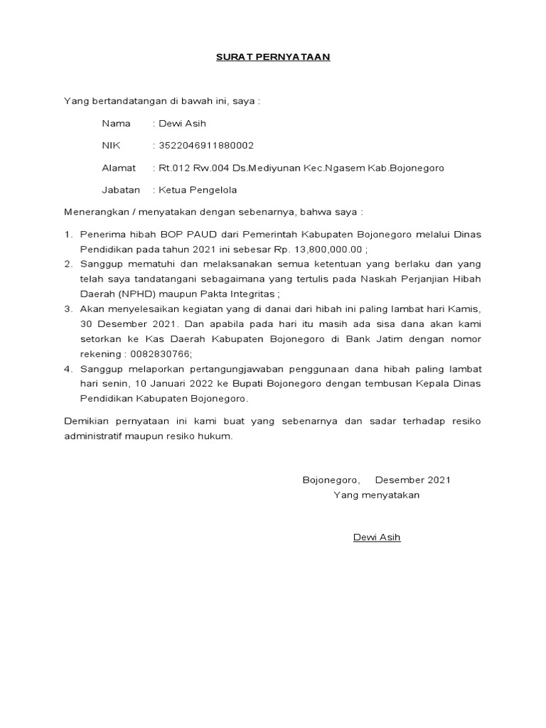 SURAT PERNYATAAN Hibah | PDF