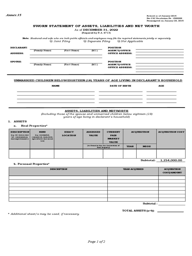 2015 Revised SALN Form Template | PDF | Net Worth | Business Economics
