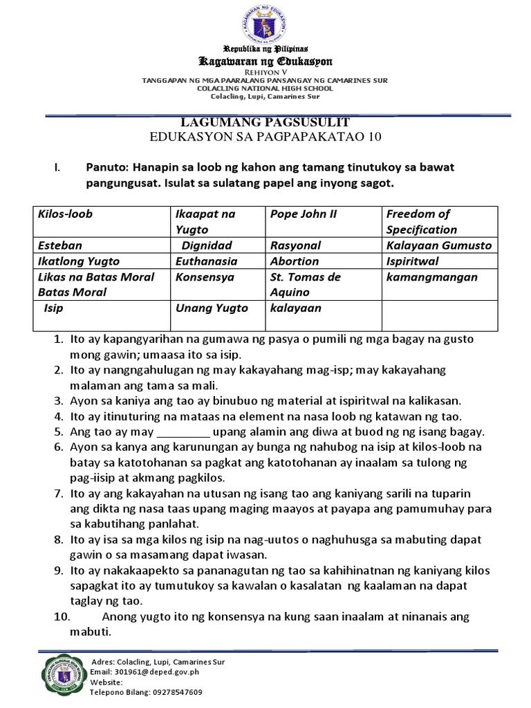 Lagumang Pagsusulit Sa Esp 10 | PDF