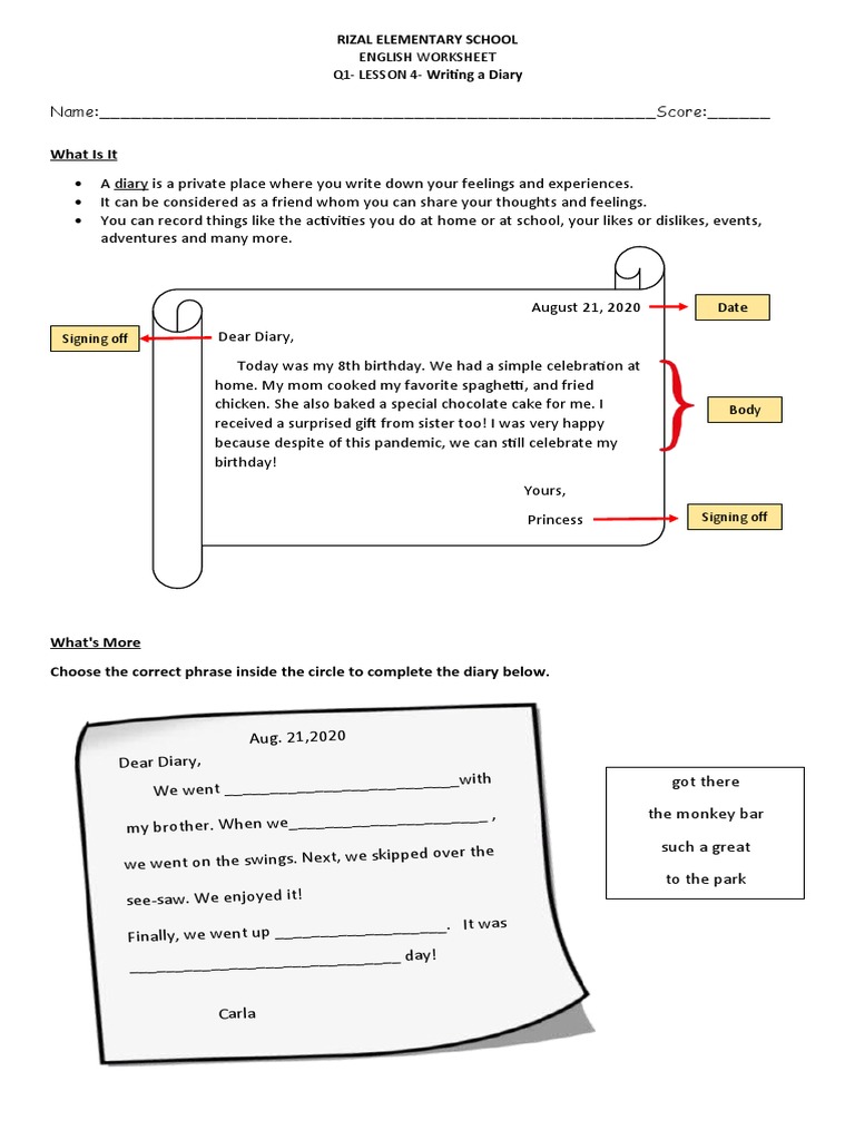 Rizal Elementary Diary Writing Worksheet | PDF