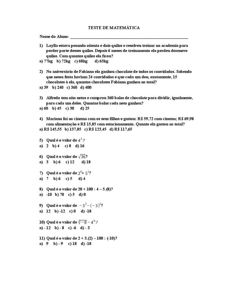 TESTE DE MATEMÁTICA 9 ano | PDF