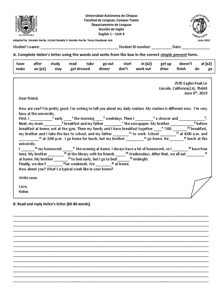 English 1 (Touchstone 1A) - Extra Material (Unit 4) Writing A Letter ...