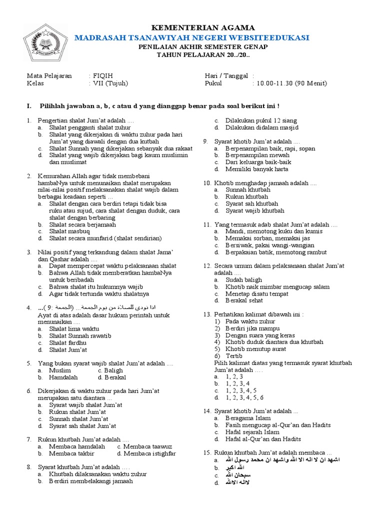 Soal Pat Fiqih Kelas 7 ( | PDF